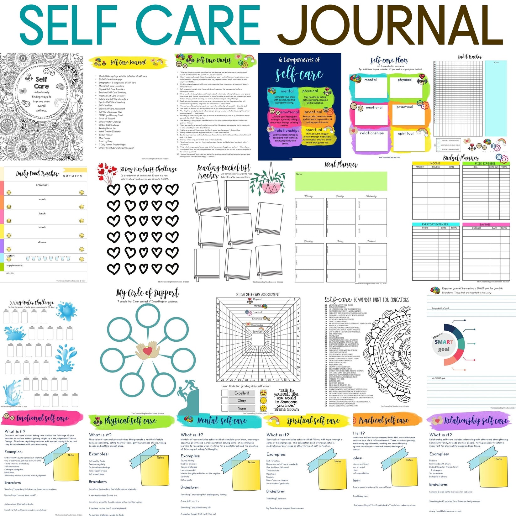 Self Care for Teachers with a Journal, Trackers, Challenges and Bullet ...
